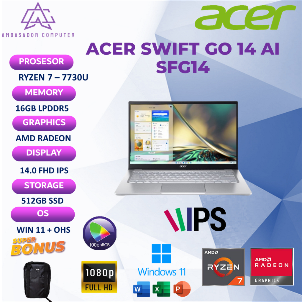 Jual Acer Swift Go SFG14 Ryzen 7 7730U 16GB 512GB Full HD IPS Windows11 OHS | Shopee Indonesia