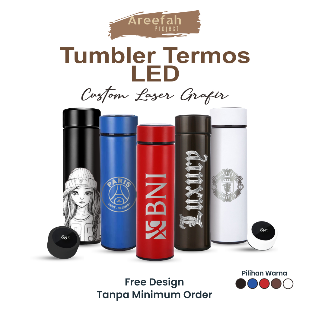 Jual AREEFAH Tumbler Termos LED 500ml Custom Laser grafir Nama Botol ...