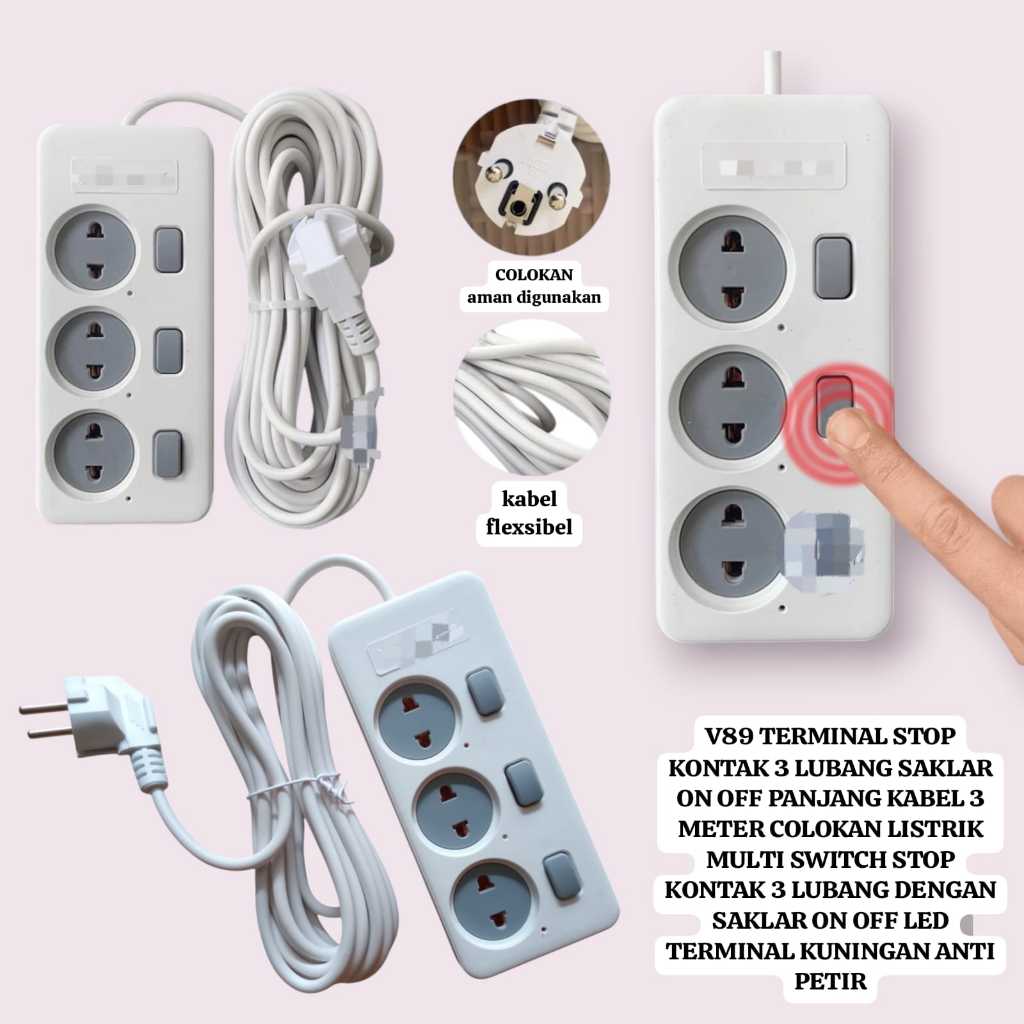 Jual V89 TERMINAL STOP KONTAK 3 LUBANG SAKLAR ON OFF 3M METER COLOKAN LISTRIK MULTI SWITCH ...