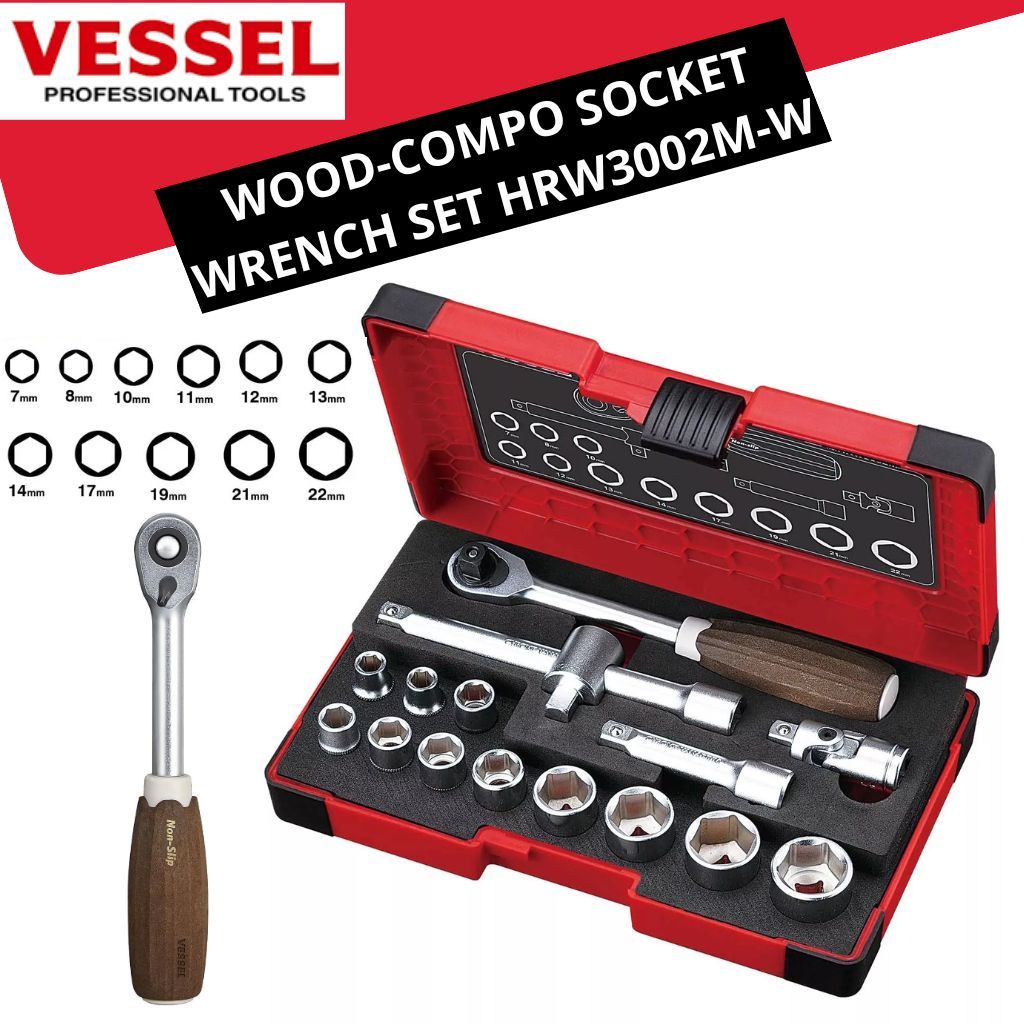 Jual KUNCI SHOCK SET VESSEL Wood-compo Ratchet Set 3/8 HRW3002M-W ...