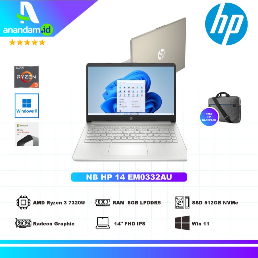 Jual HP 14-em0332AU Ryzen 3-7320U 8GB 512GB w11 14" ips - Non Bundle ...