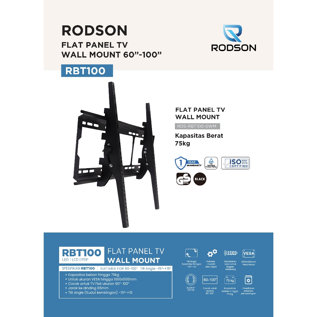 Jual Rodson RBT100 Bracket flat panel tv monitor wall mount 60" - 100 ...