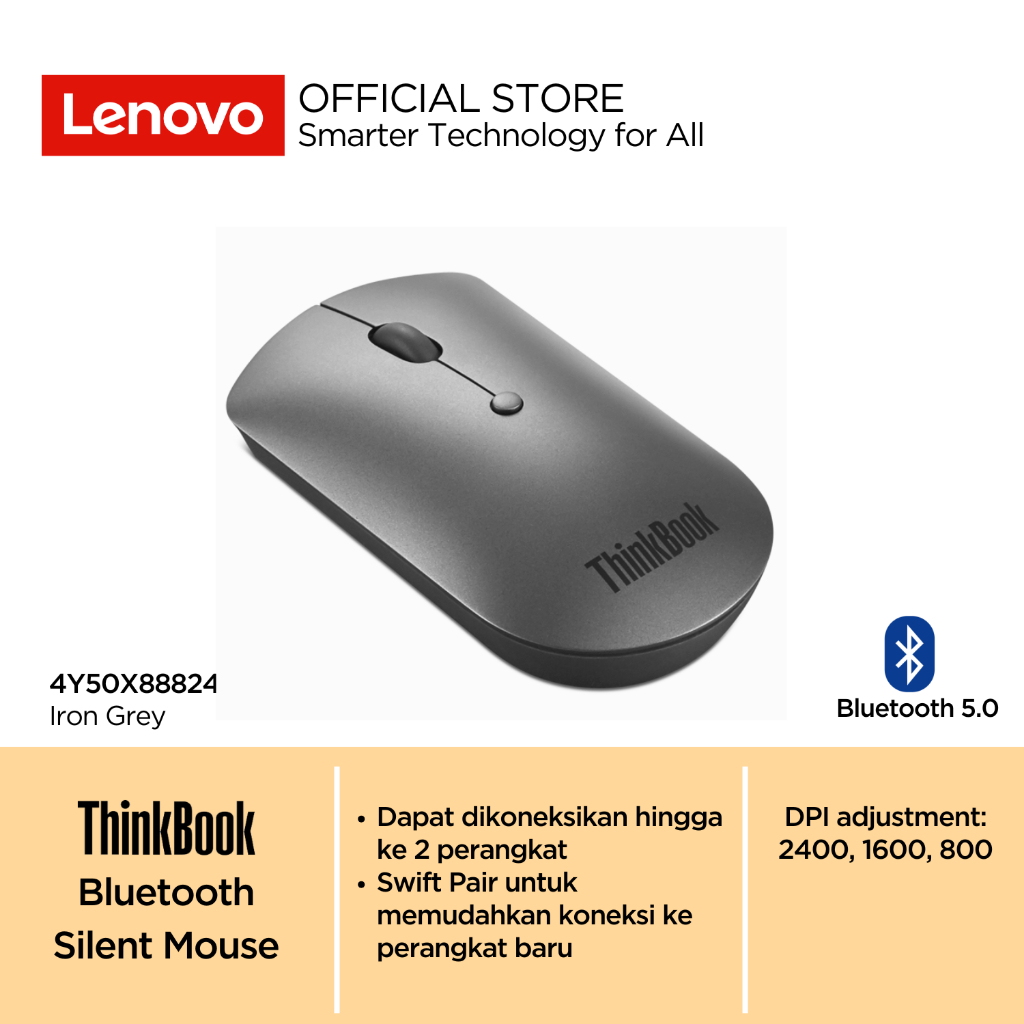 Jual Lenovo ThinkBook Silent Wireless Mouse Dual-host Bluetooth 5.0 DPI ...