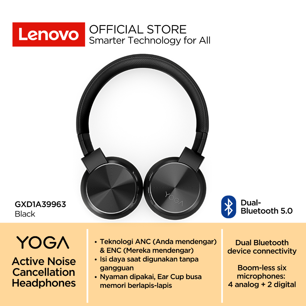 Jual Lenovo Yoga ANC Headphones + Mics (Bluetooth 5.0 & USB) GXD1A39963 ...