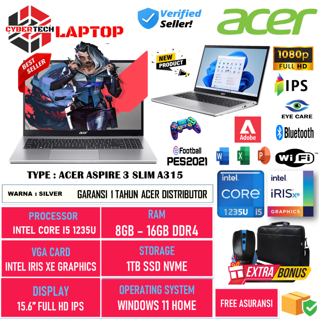 Jual Promo Laptop Acer Aspire 3 Slim A315 Intel Core i5 1235U RAM 16GB ...