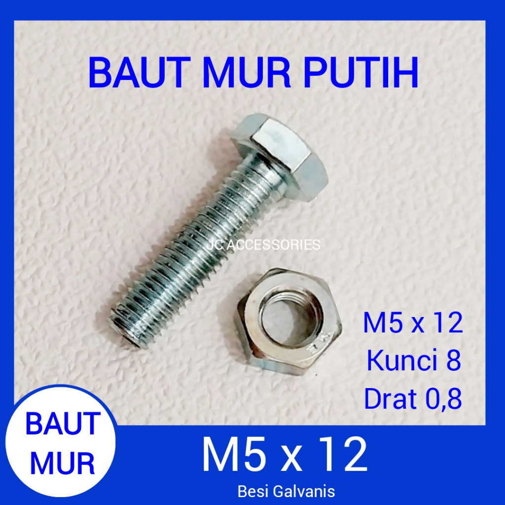 Jual BAUT MUR PUTIH M5x12 KUNCI 8 PITCH 0,8 BMP M5x12 BAUT MUR PUTIH 5X12 BMP 5X12 BMP M5 X 12 ...