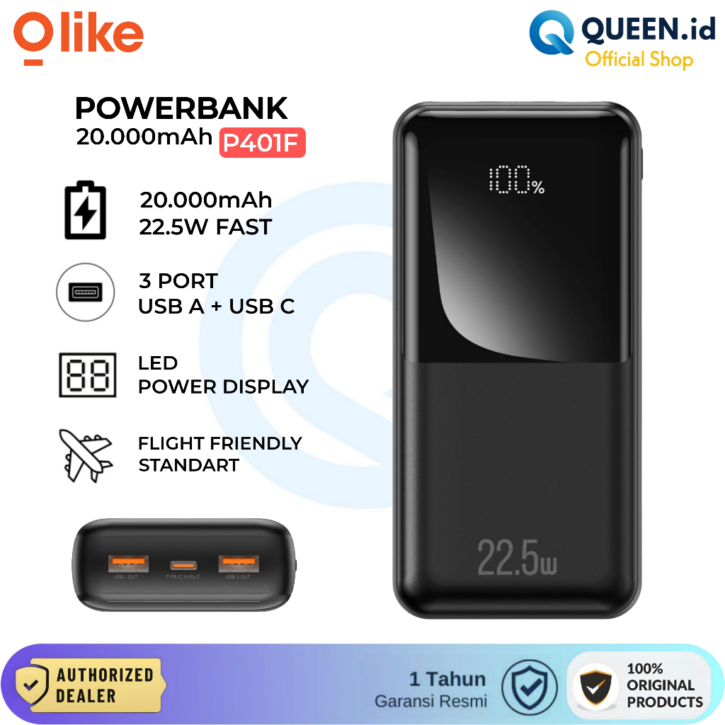 Jual Olike P401F Power Bank 20000mAh 22.5W PD QC 3.0 USB TYPE C 3Port ...