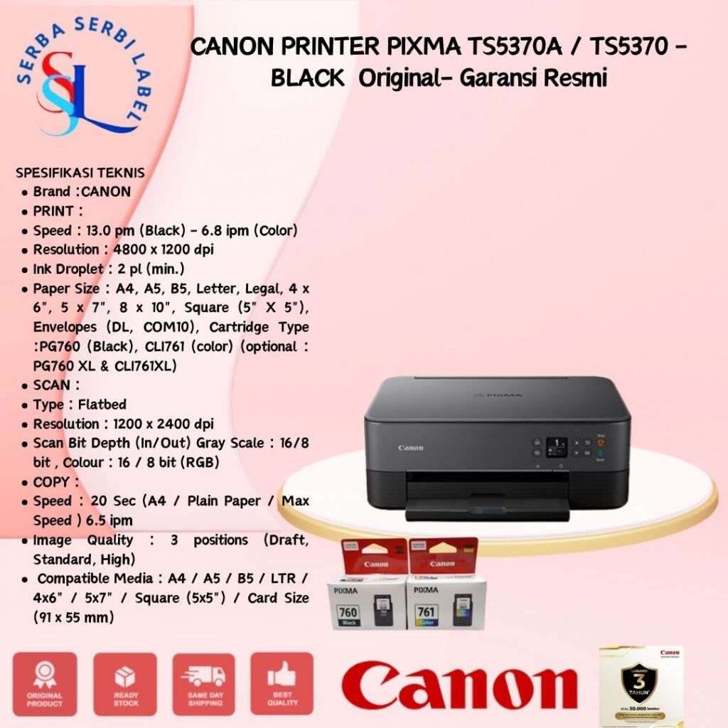 Jual Canon Printer PIXMA TS5370a BLACK / TS5370 BK Original Garansi ...