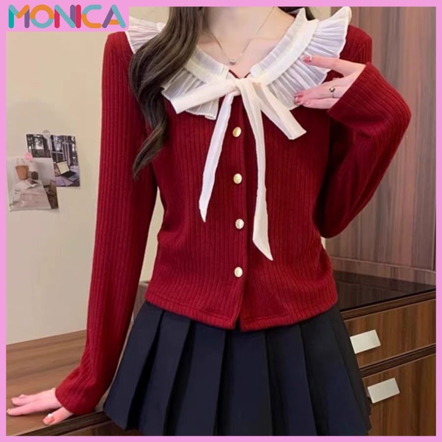 Jual Monica Atasan Rajut Wanita Premium Leher Renda Pita Round Neck ...