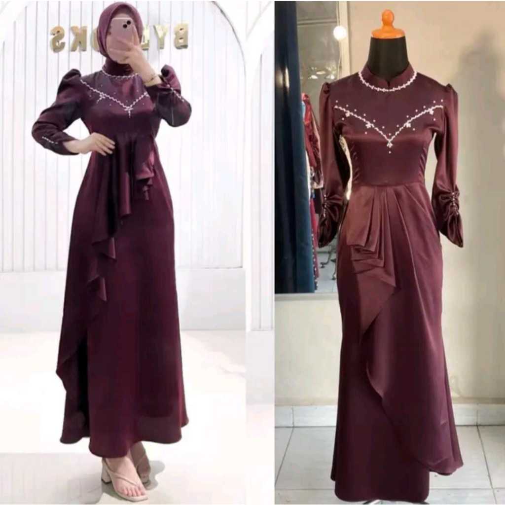 Jual Kharisma Dress Satin Burgundy Gamis Polos Kondangan Gaun Duyung ...