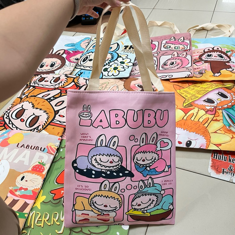 Jual TAS TOTE KANVAS LABUBU MOTIF 2 SISI / TOTE KANVAS MOTIF LABUBU ...