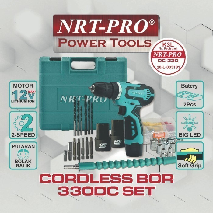 Jual NRT-PRO BOR BATTERY / BOR CORDLESS 10MM DC 330 + SET HD | Shopee ...