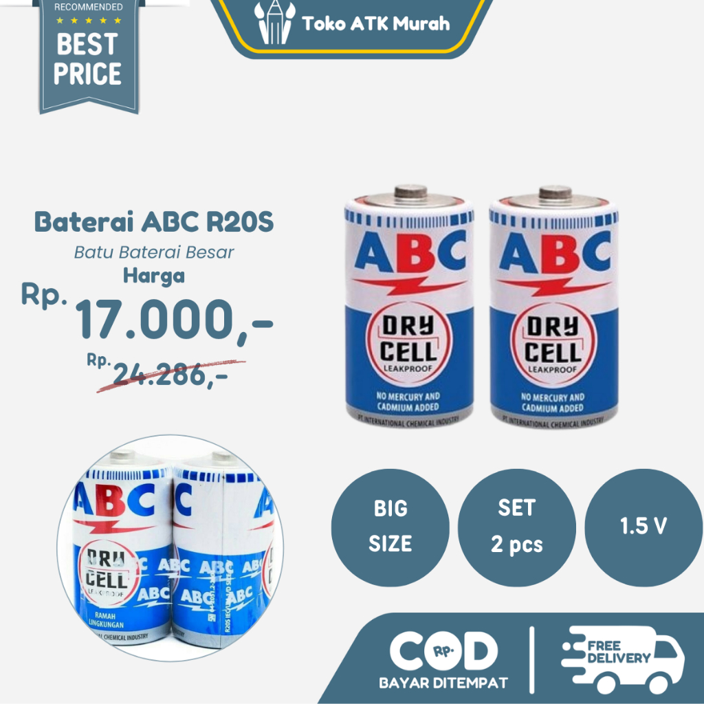 Jual Batu Baterai Besar ABC Biru Dry Cell R20 S ( Isi 2 Buah ) | Shopee ...