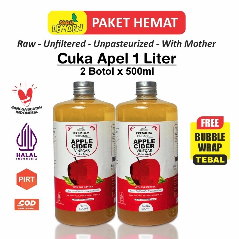 Jual Cuka Apel Premium Organik 1 Liter 500ML+500ML Apple Cider Vinegar ...