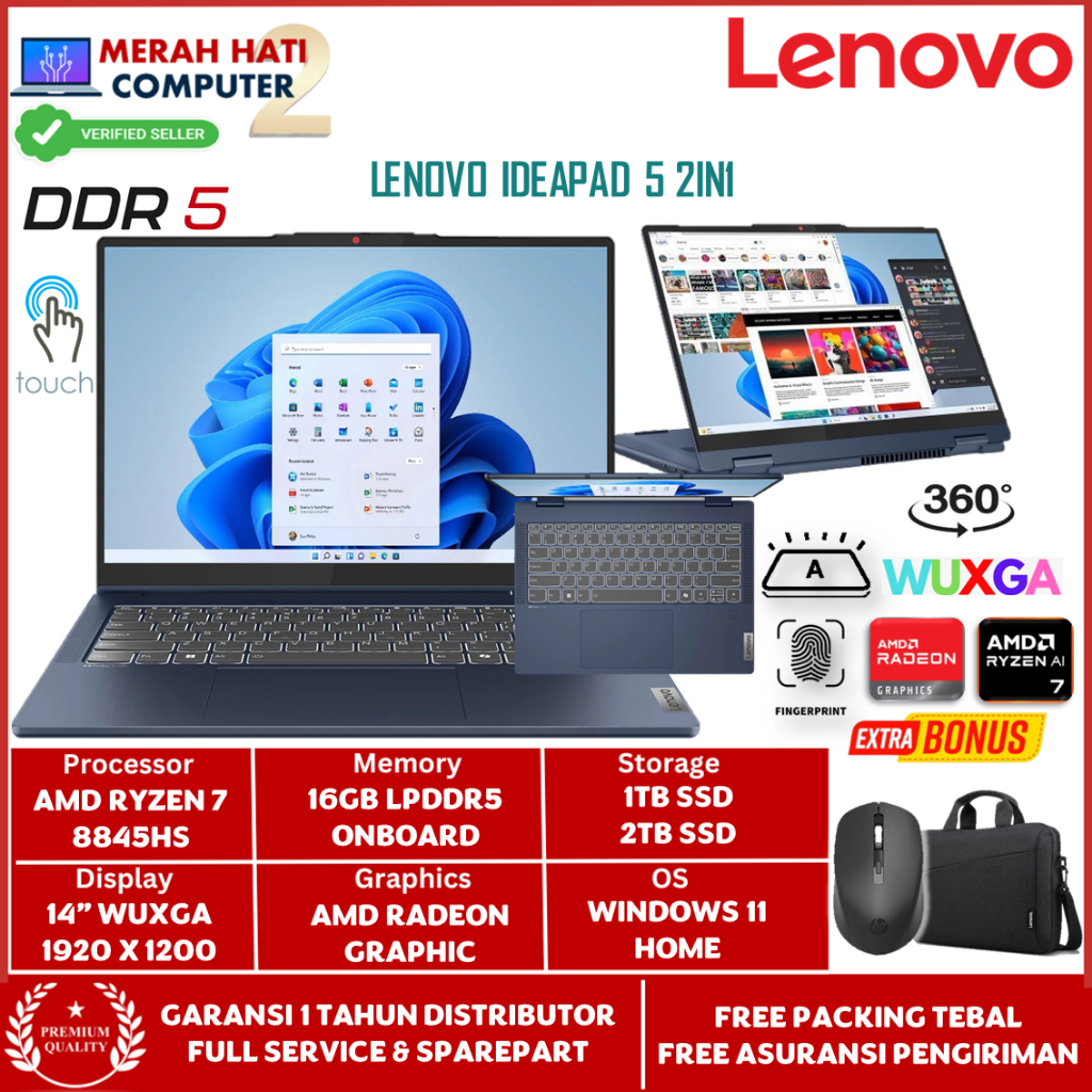 Jual Laptop Flip Lenovo Ideapad 5 2in1 AMD Ryzen 7 8845HS Ram 16GB 2TB Ssd 14Inch Wuxga Ips ...