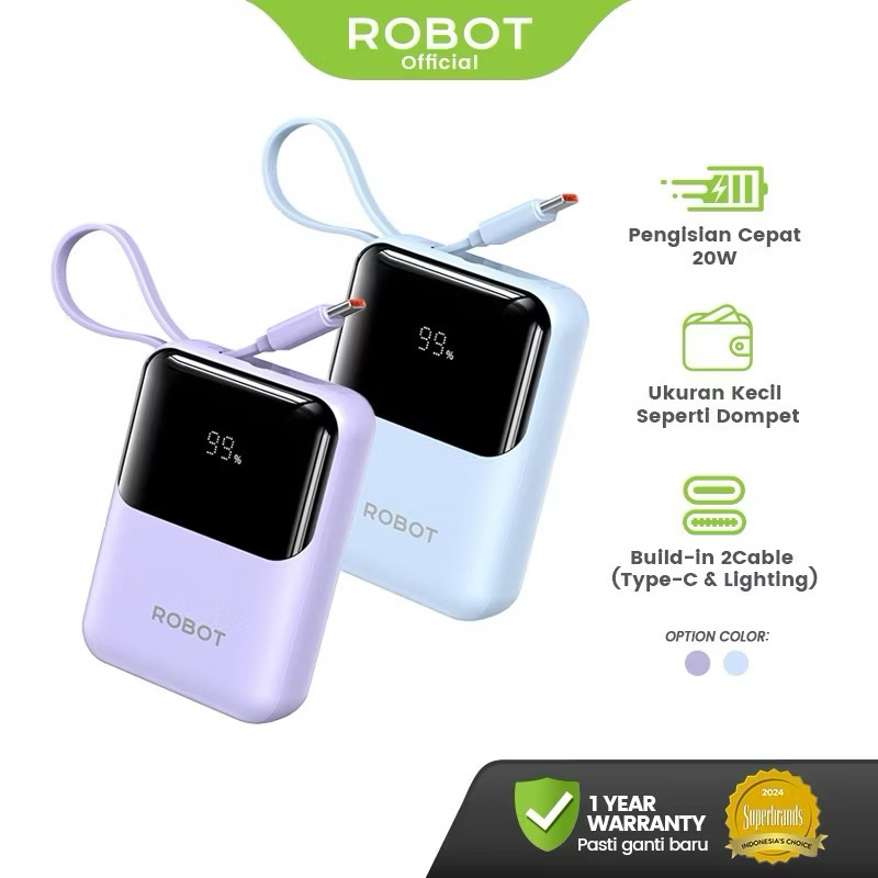 Jual ROBOT RT16 Mini Powerbank 9.000mAh 20W PD 2 Built-in Kabel ...