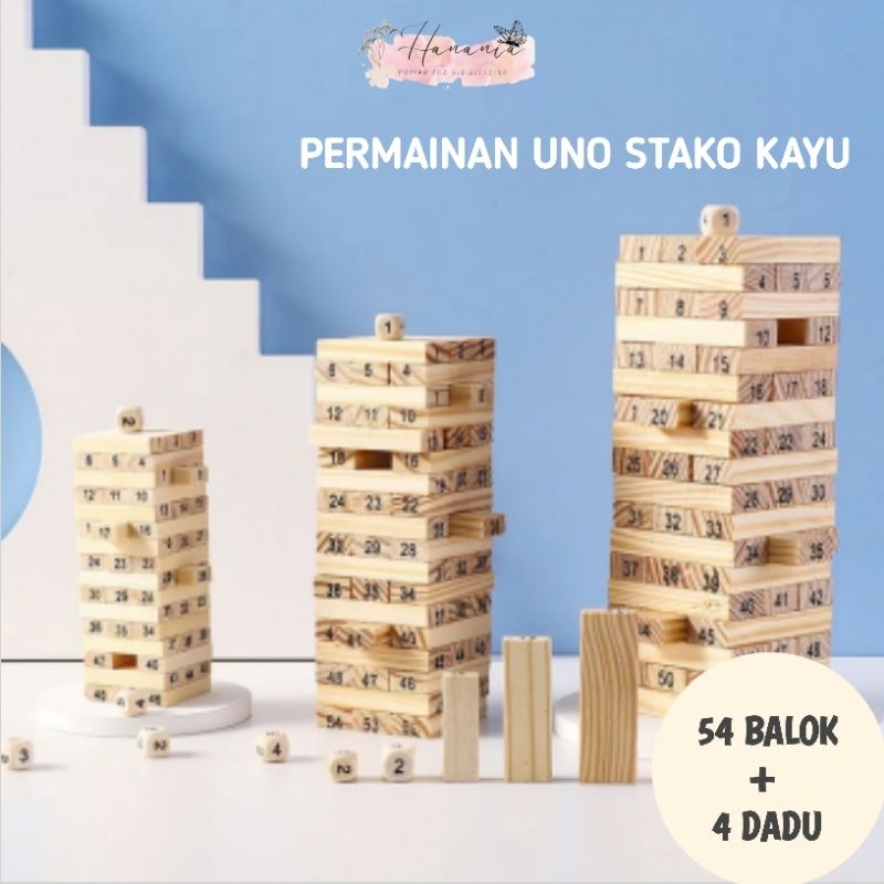 Jual Permainan Uno Stacko Kayu 54 Balok + 4 Dadu Mainan Edukasi Seru ...