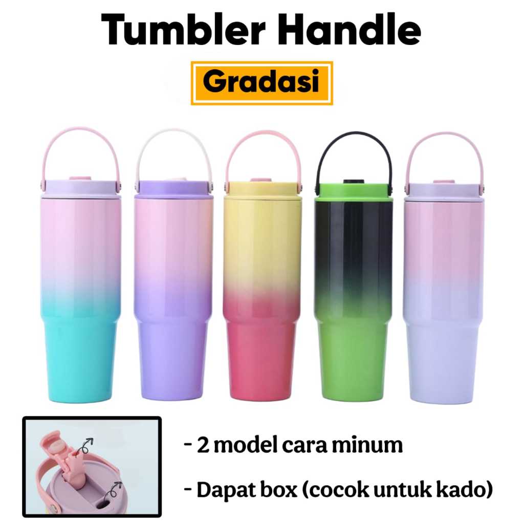 Jual TUMBLER HANDLE STAINLESS WARNA GRADASI 2 CARA MINUM/ BOTOL MINUM ...