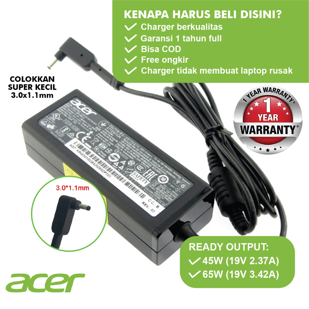 Jual Charger Laptop Acer Original Small Plug Pin Bulat Aspire 3 A314-22 A314-22G Aspire 5 A514 ...