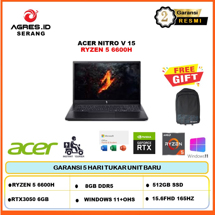 Jual Acer Nitro V 15 Ryzen 5 6600H RTX3050 6GB/ 8GB 512GB W11+OHS 15 ...