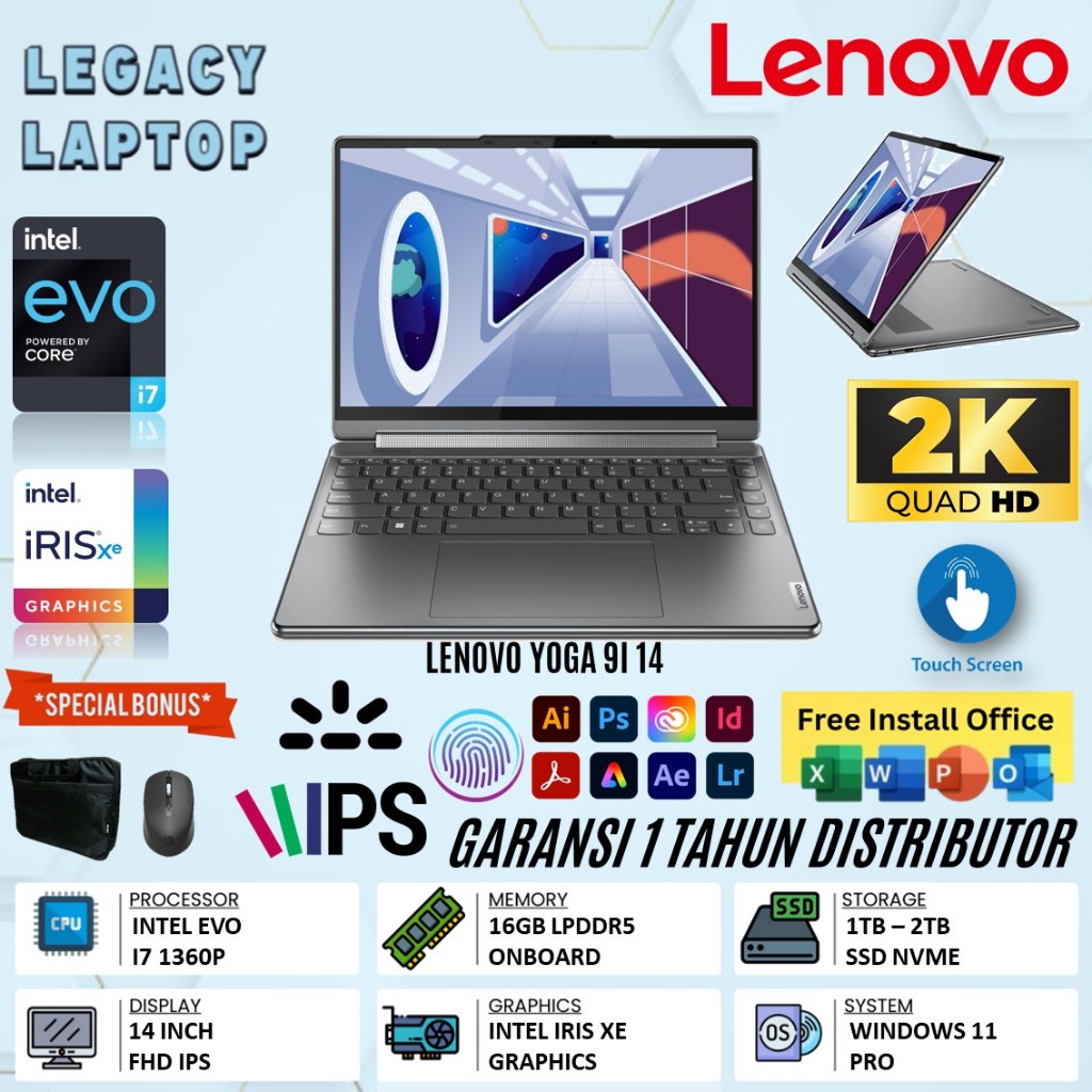 Jual Laptop Lenovo Yoga 9i 2In1 14 Intel Evo i7 1360P Ram 16GB 2TB SSD 2K IPS Touchscreen ...