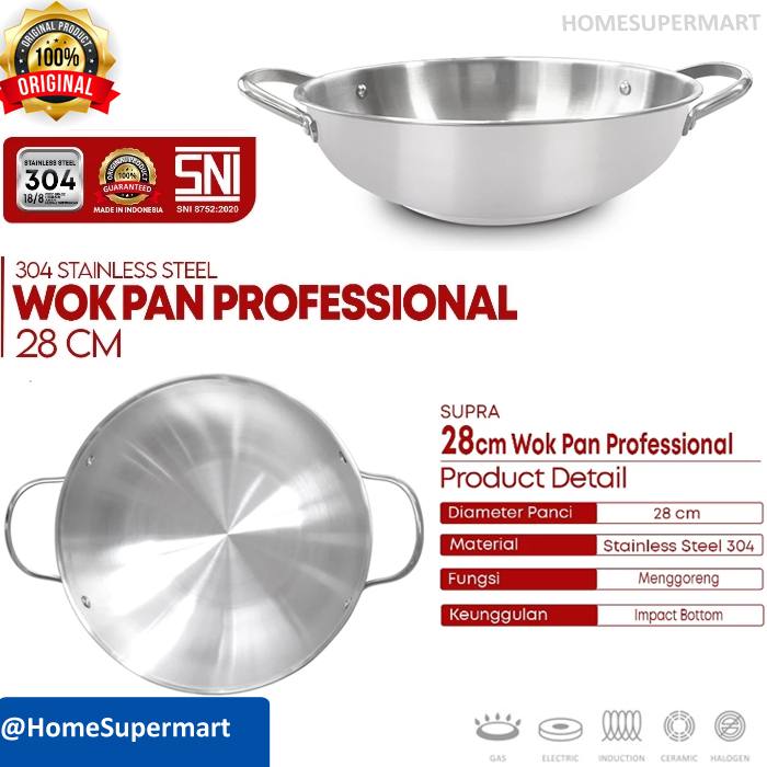 Jual SUPRA Panci Wajan Penggorengan Stainless Steel SUS 304 Wok 28 Cm Professional Series Wajan ...
