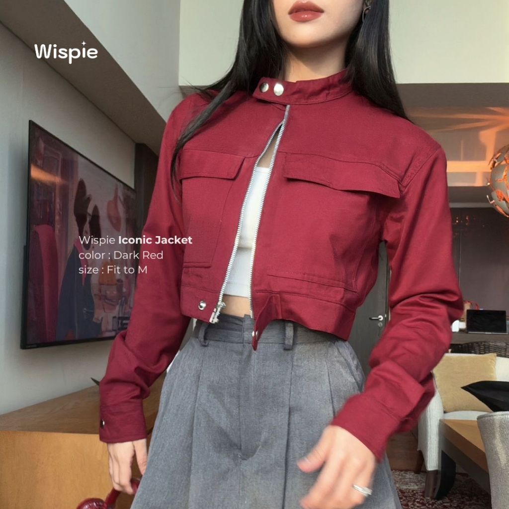 Jual Wispie Iconic Jacket | Work Jaket Wanita Crop Twill Maroon Putih ...