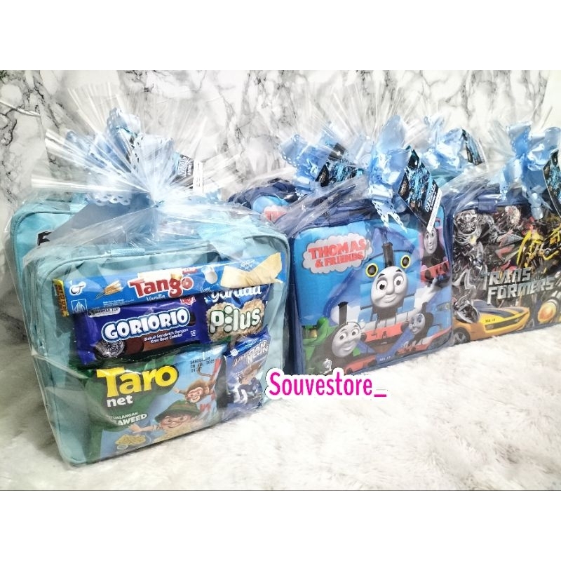 Jual Souvenir Tas + Snack Serba Biru || Paket souvenir snack ultah tema ...