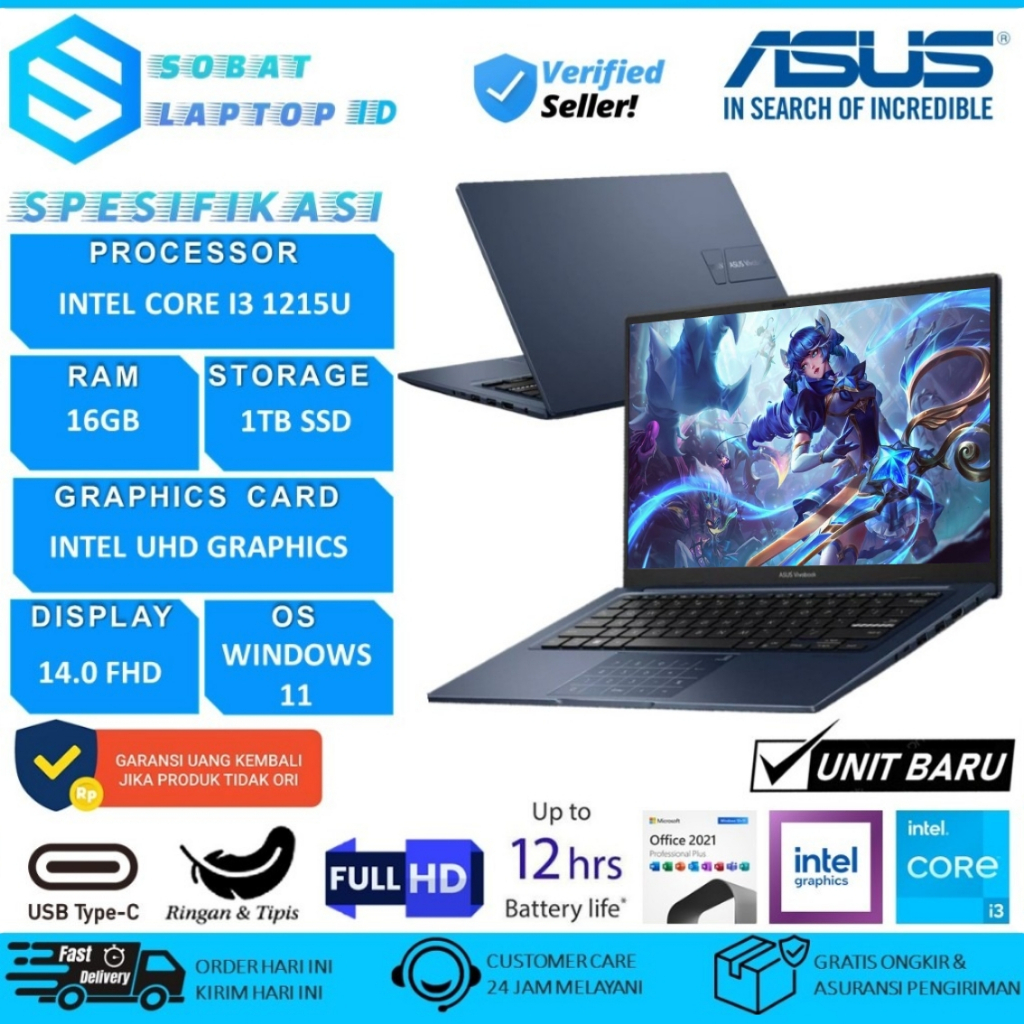 Jual Laptop slim Asus Vivobook 14 X1404ZA intel core i3 1215U RAM 16GB SSD 1TB 14 inch fhd ...