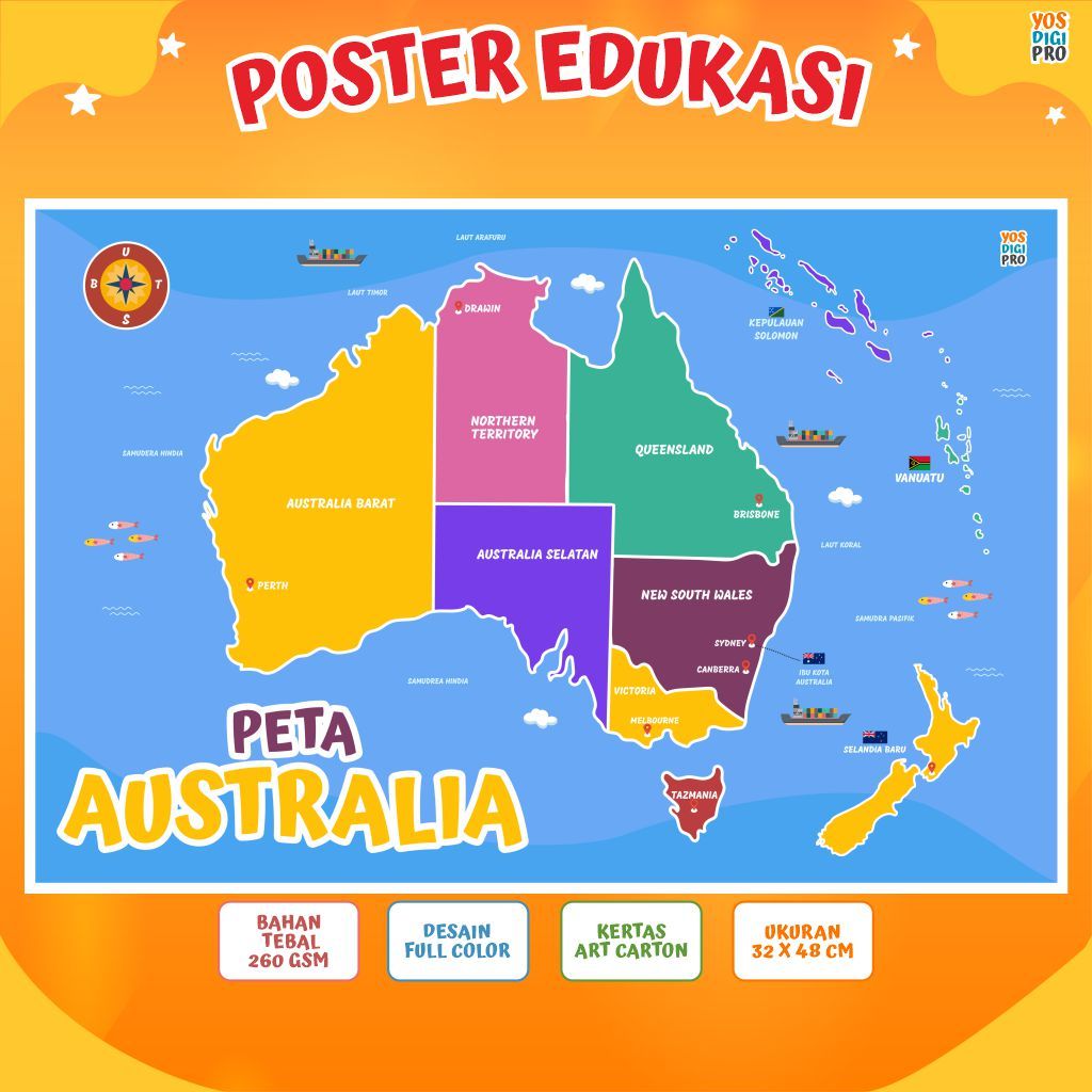 Jual Poster Edukasi Peta Australia Untuk Anak Tk, SD, SMP MEngenal Peta ...