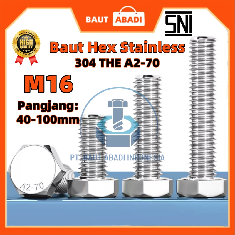 Jual Baut Hex Stainless M16 SS 304 THE A2-70 / SUS 304 Baja tahan karat ...
