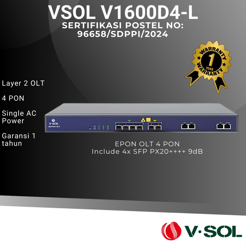 Jual OLT VSOL V1600D4-L 4 Port EPON L2 OLT Single AC Power INC SFP 9Dbm EU Adapter V1600D4L ...