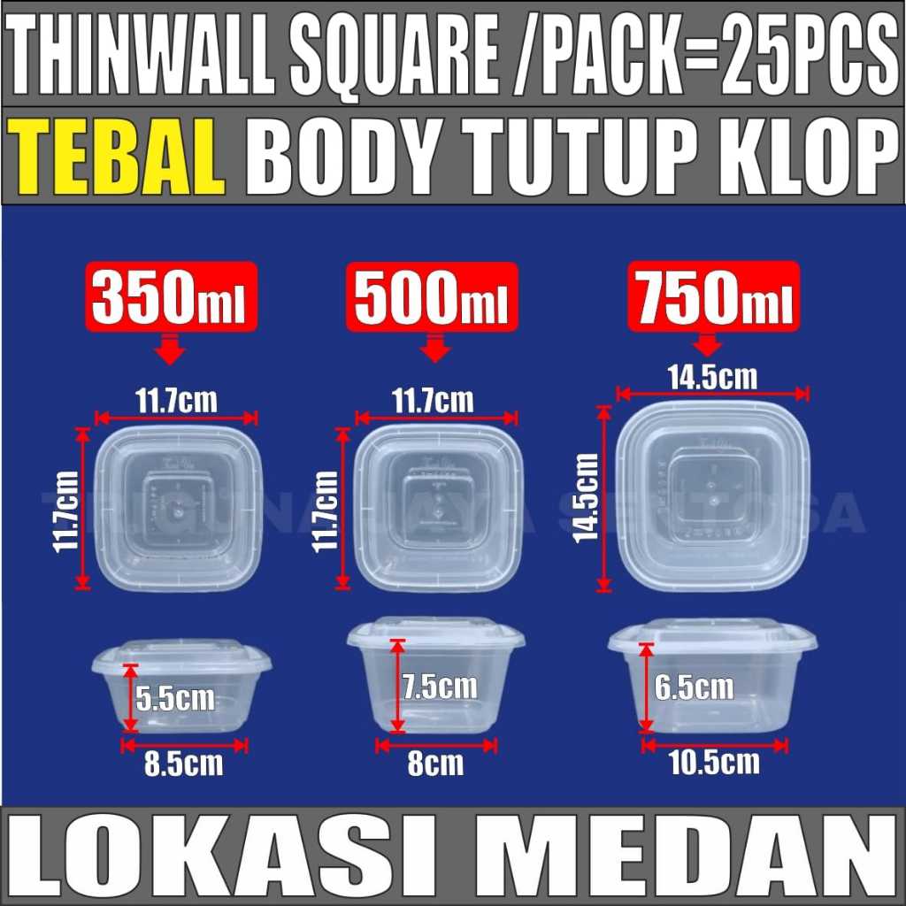 Jual Thinwall Tebal SQ 350ml 500ml 750ml Kotak Makan Square Plastik Per Pack Medan | Shopee ...