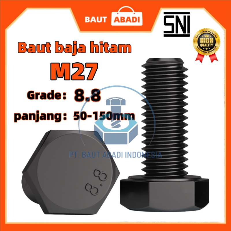 Jual Baut Hexagon baja hitam M27 grade 8.8 full drat / Half drat / baut ...