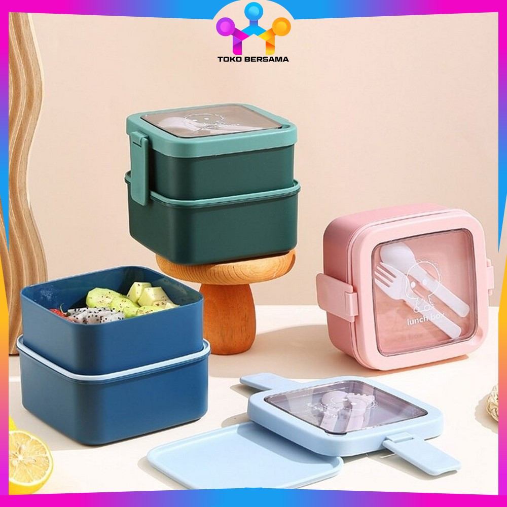 Jual Tempat Makan Set 2 Susun dengan Sendok Garpu Stackable BPA FREE / Lunch Box Kotak Bento ...