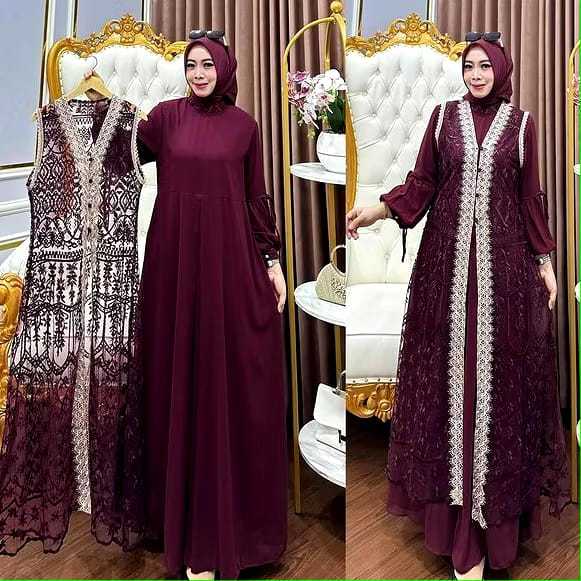 Jual Gamis Burgundy Naura Dress Gamis Bahan Ceruty Babydoll Mix Brukat Gamis Pesta Brukat Mewah ...