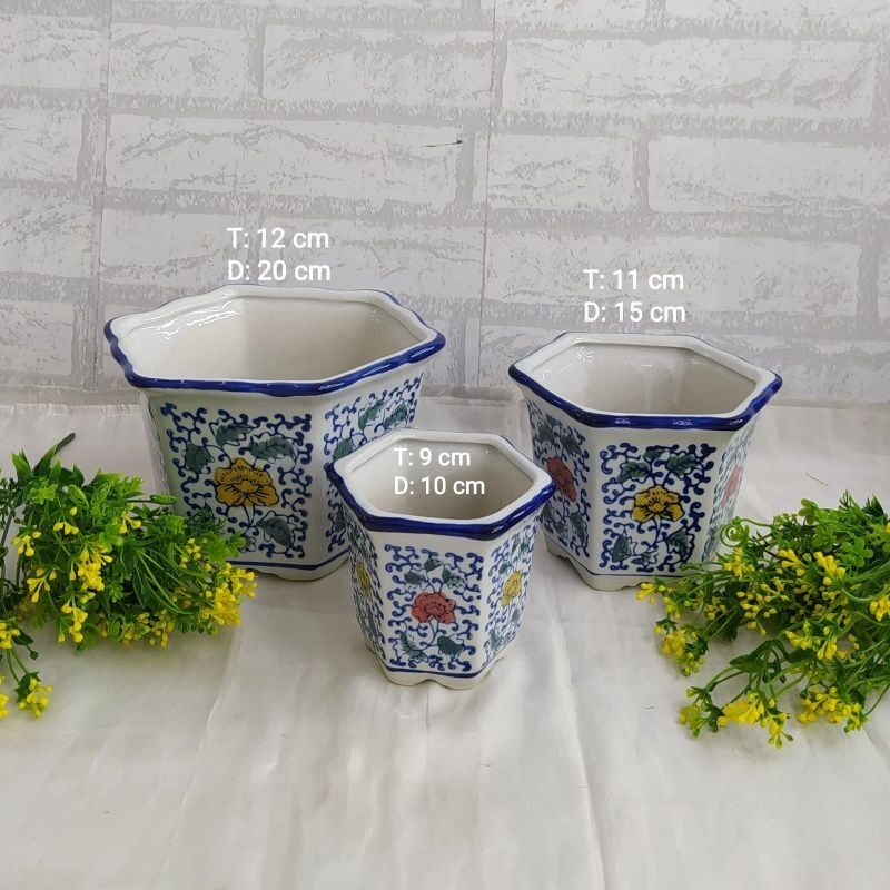 Jual Pot Tanam Kecil Biru Putih Segi Enam Set 3 Pcs (Warna) | Shopee ...
