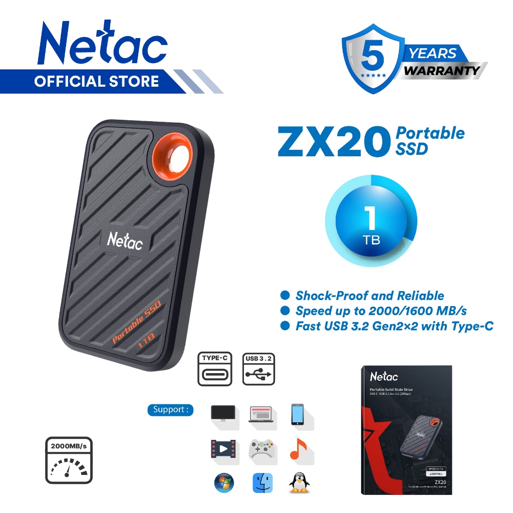 Jual Netac ZX20 External Portable SSD 512GB/1TB/2GB USB 3.2 Gen 2x2 Type-C up to 2000MB/s with ...