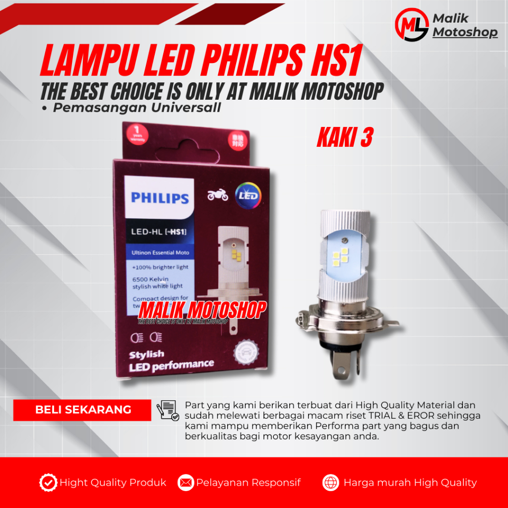 Jual LAMPU DEPAN MOTOR LED-HL (HS1) H4 12V KAKI 3 PUTIH PHILIPS ULTINON ESSENTIAL LED ( HS1 ) DC ...