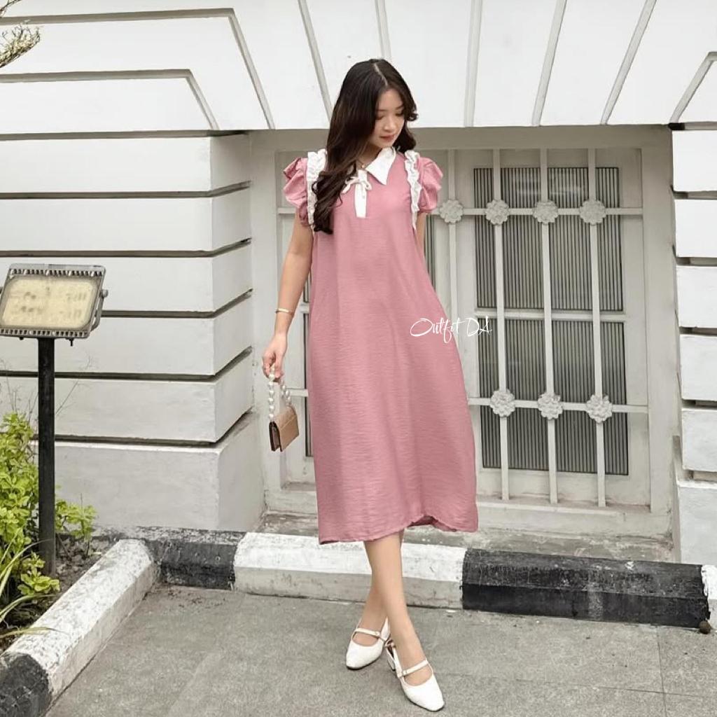 Jual ROSELLA DRESS - Midi Dress Bahan Polo Linen Dress Sleeveless Kombinasi Ruffle Wanita GHS ...