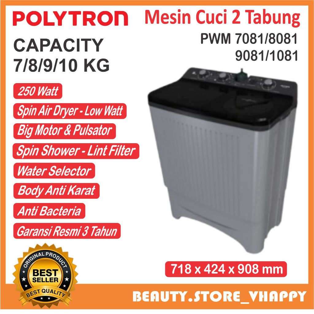 Jual Mesin Cuci 2 Tabung POLYTRON 7/8/9/10 Kg PWM 7081/8081/9081/1081 ...