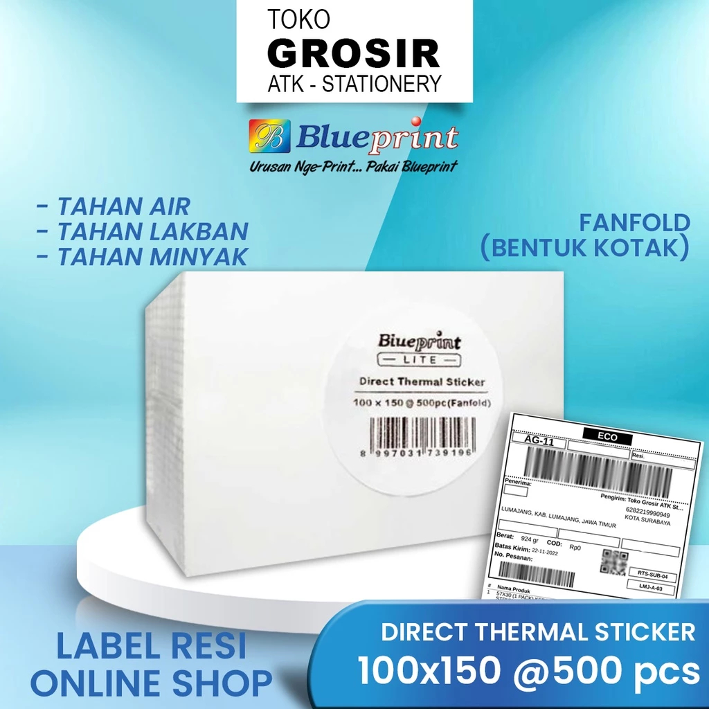 Jual (LIVE) 100x150 CF Resi Label Pengiriman A6 Kertas Thermal Sticker Barcode BLUEPRINT Lite ...