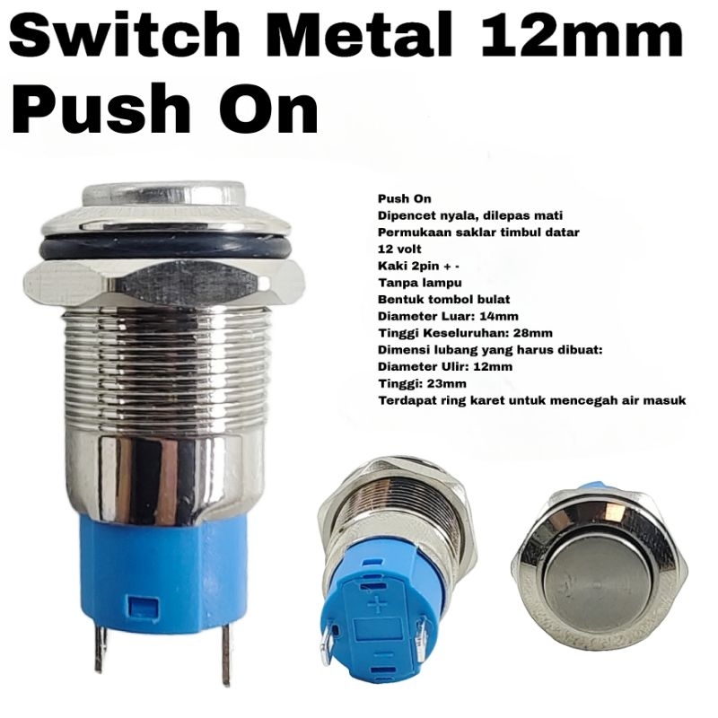 Jual Switch Metal 12mm Push On 2 Pin Saklar Stainless 12 mm Tombol 12v ...