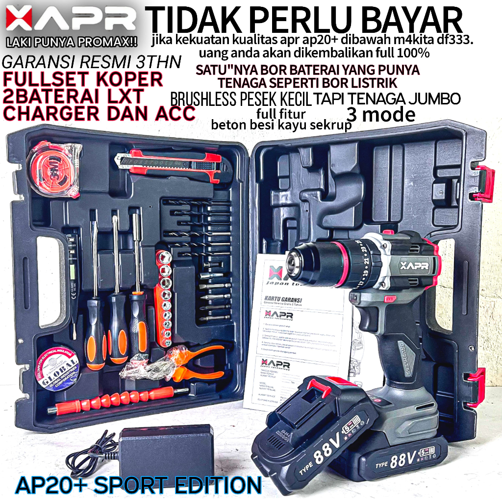 Jual APR bor cordles type AP20+88v 13mm gen 4 brushles bor baterai ...