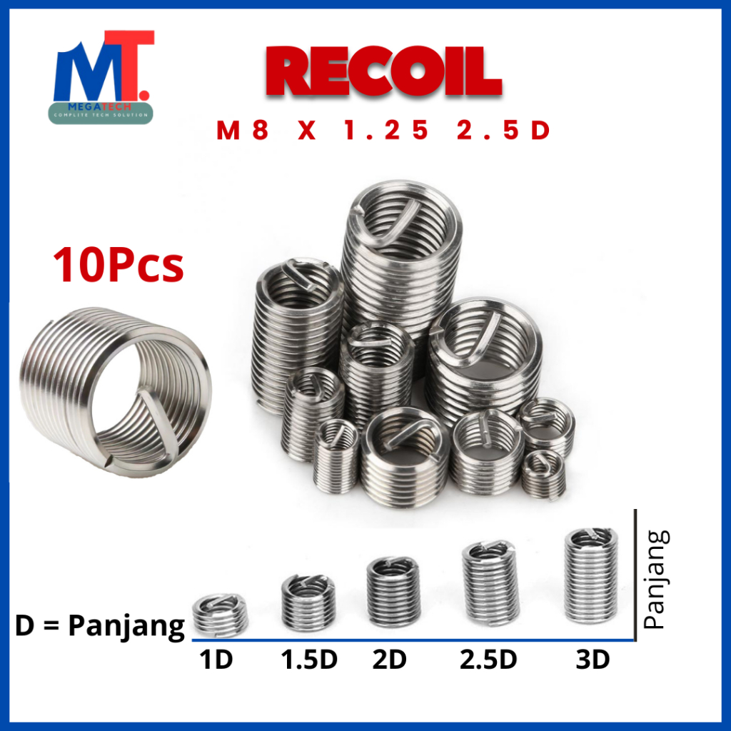 Jual 10Pcs Recoil Helicoil M8x1.25 2.5D Recoil Helicoil Verbos Untuk ...