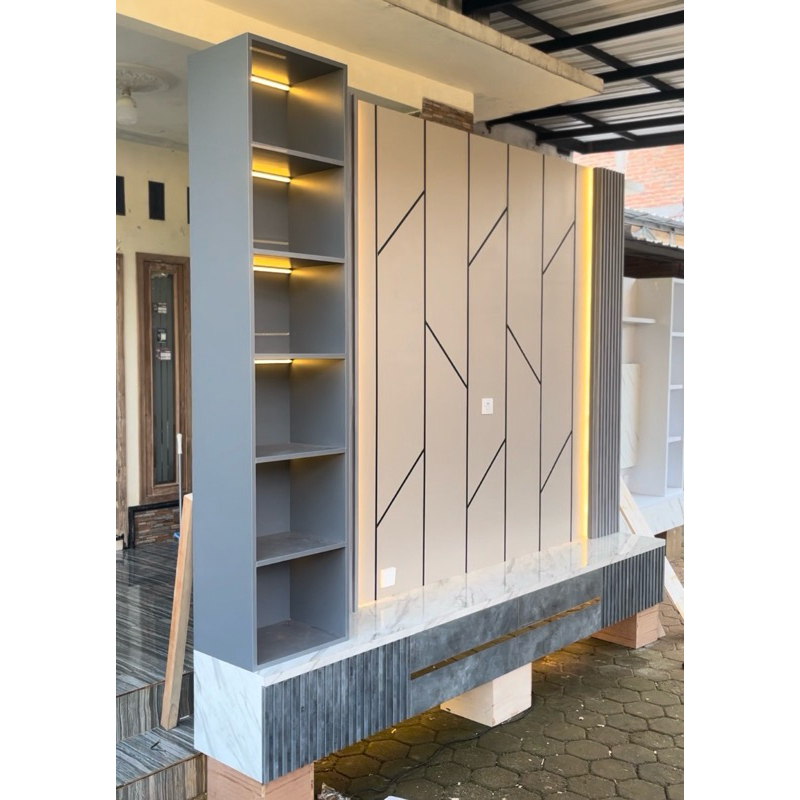 Jual backdrop tv kabinet tv rak tv model gantung hpl jepara | Shopee Indonesia