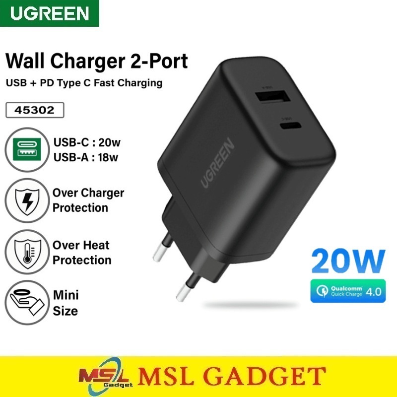 Jual UGREEN Adaptor Kepala Charger 20W Dual Port Type C + USB 18W PD ...