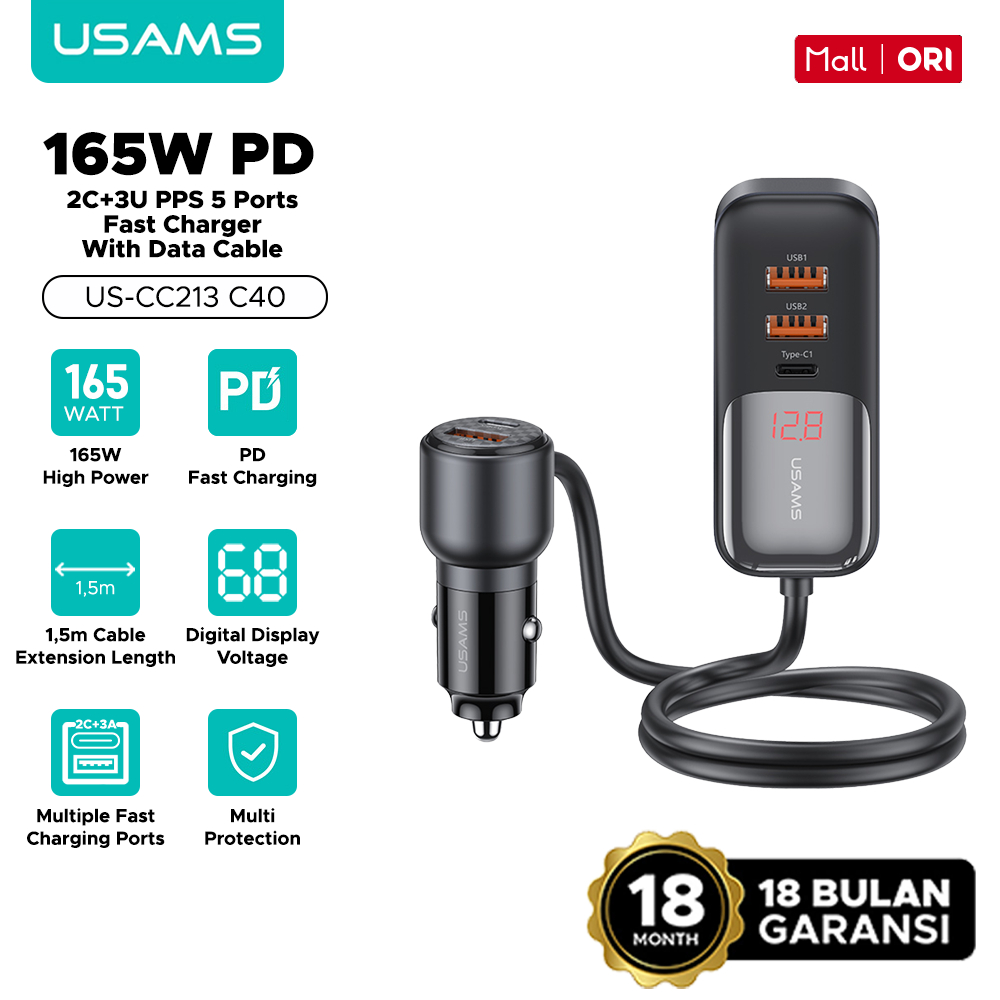 Jual USAMS Charger Mobil 165W Fast Charging 5 Port 2C+3U With Data ...