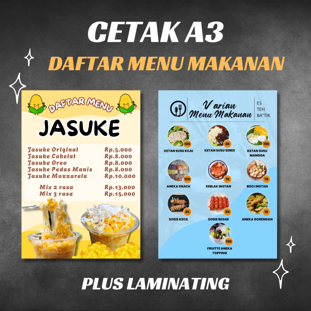 Jual Cetak Daftar Menu Ukuran A3 Plus Laminating Bisa Custom Desain | Shopee Indonesia