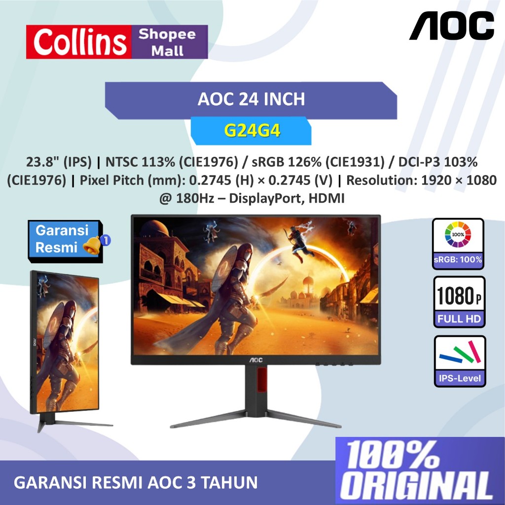 Jual Monitor LED AOC 24G4E Adaptive Sync 23,8" IPS 126% SRGB 180HZ FHD ...